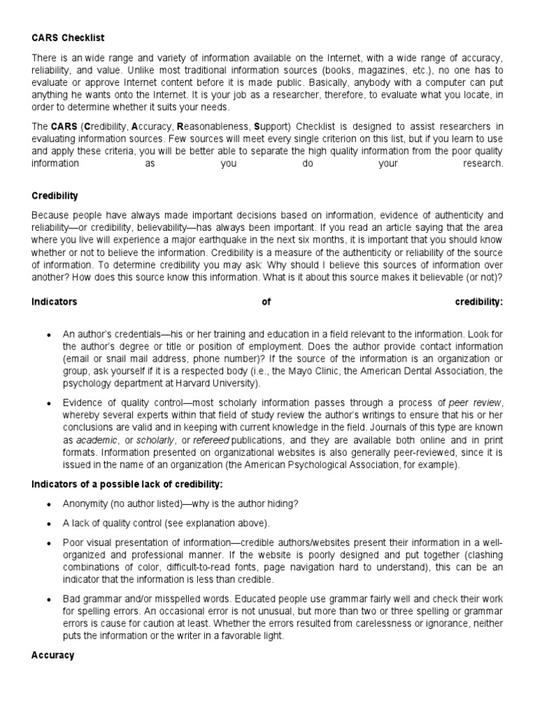 CARS Checklist - NHCC - Edu | PDF | Credibility | Peer Review
