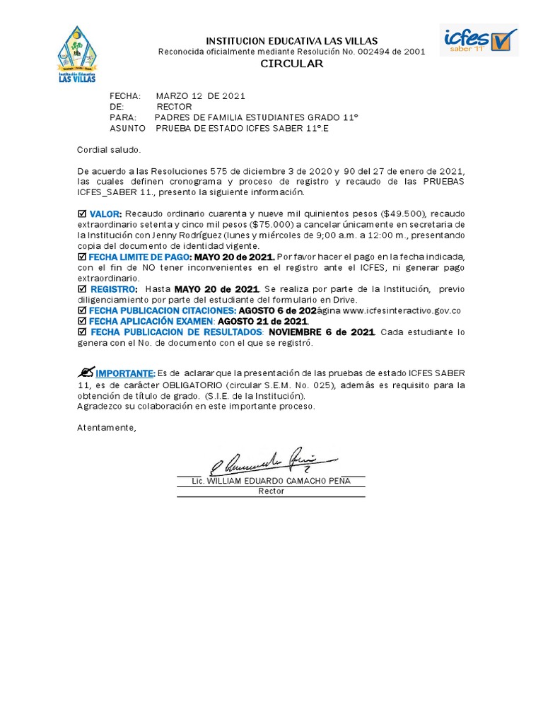 Circular Icfes Saber 11 2021 | PDF