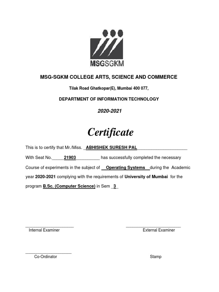 OS Experiments Certificate | PDF | Scheduling (Computing) | Operating System Technology