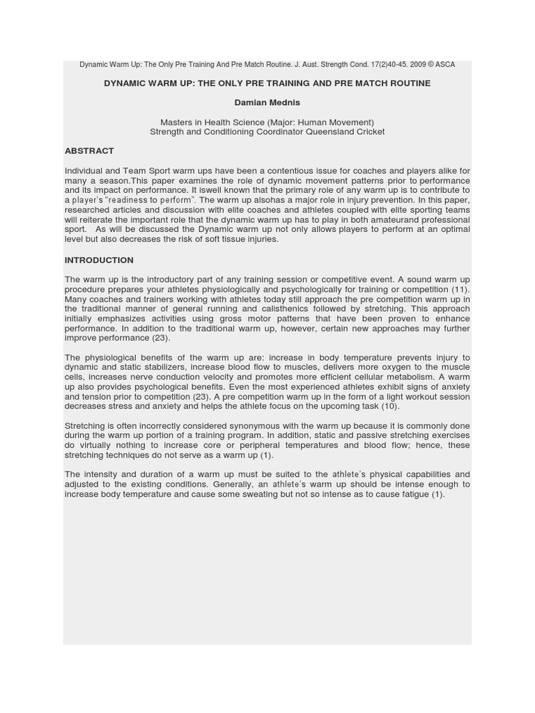 Pre Start Movement The Evidence For and Against DYNAMIC WARM UP THE ...