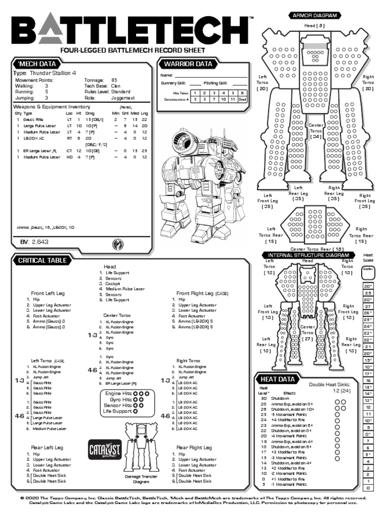 Four-Legged Battlemech Record Sheet: 'Mech Data Warrior Data | PDF ...