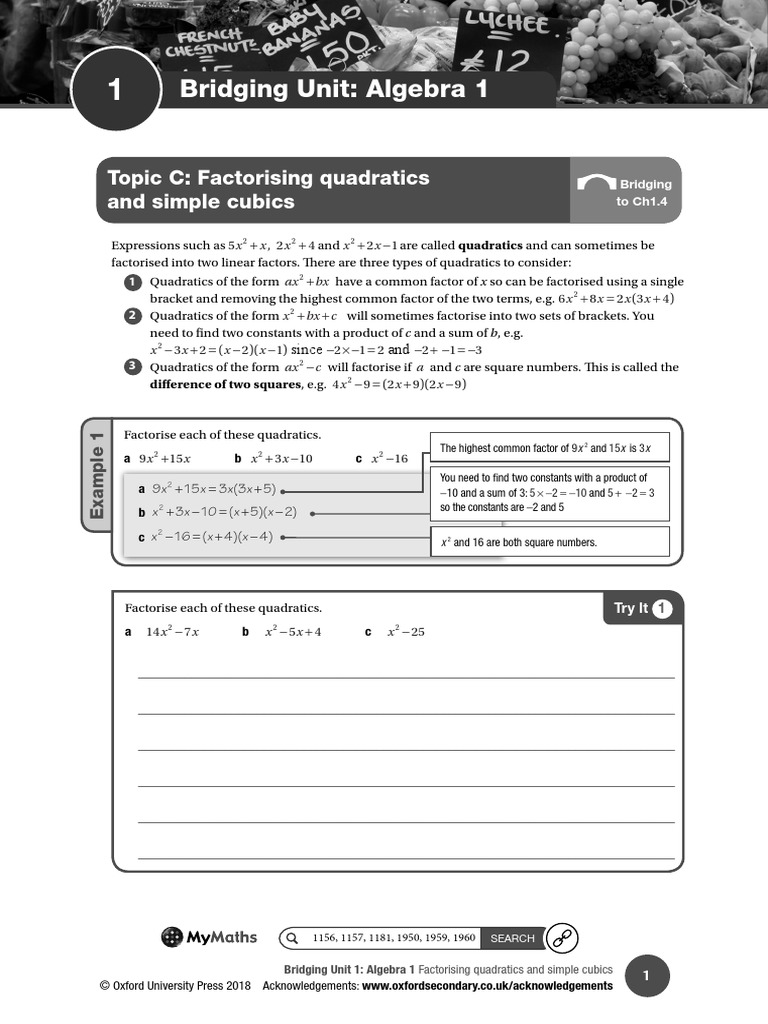 Bridging Unit: Algebra 1: Topic C: Factorising Quadratics and Simple ...