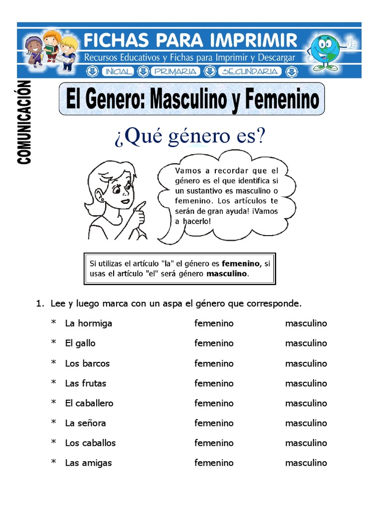 Ficha de Masculino y Femenino para Primero de Primaria | PDF