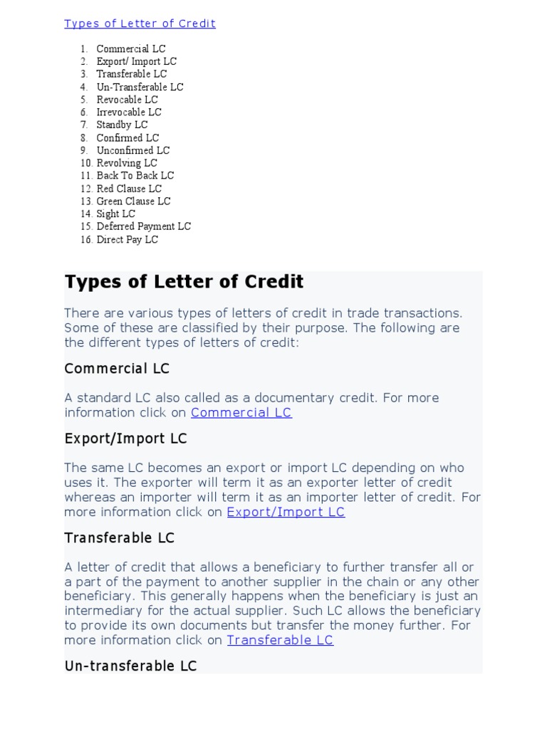 Types of Letter of Credit | PDF | Letter Of Credit | Trade