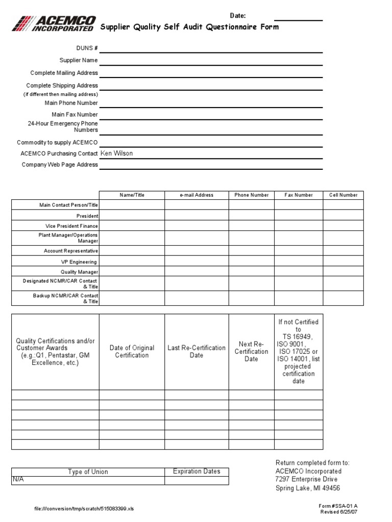 Supplier Quality Self Audit Questionnaire | PDF | Specification ...