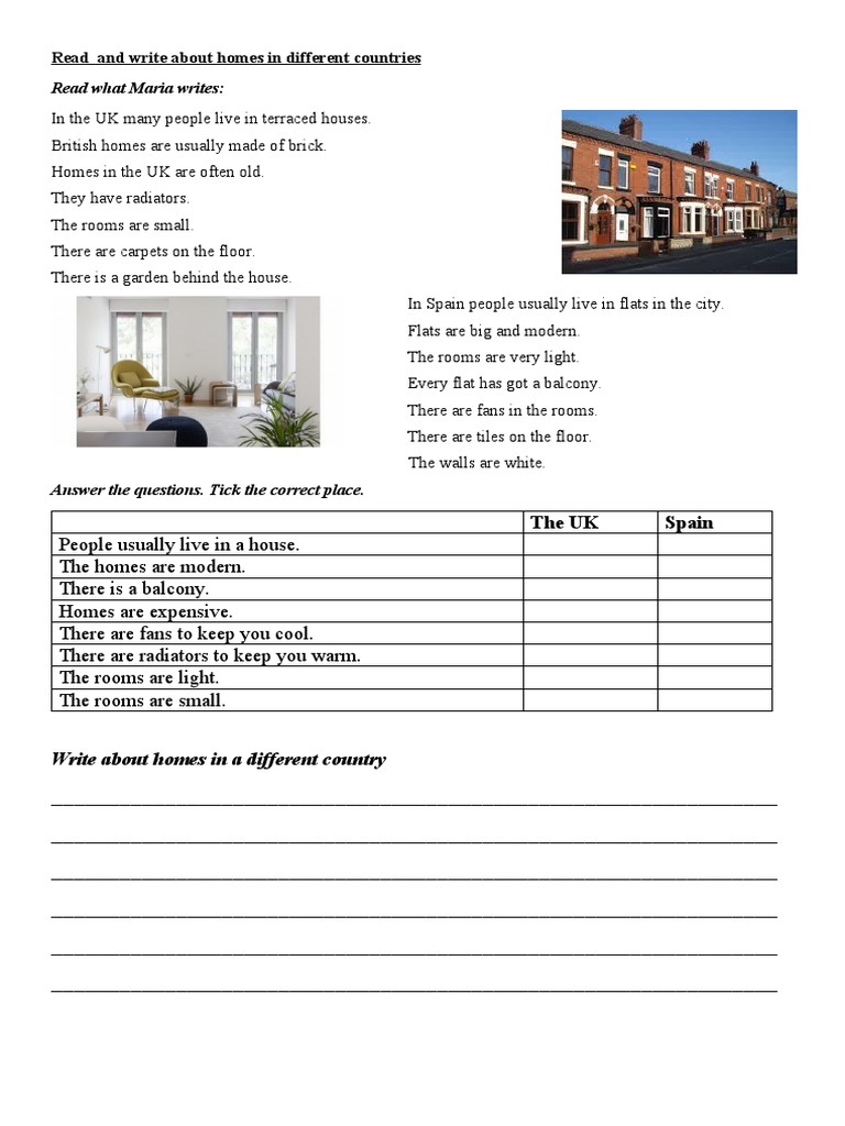 Homes in Different Countries Reading Comprehension Exercises 134148 | PDF