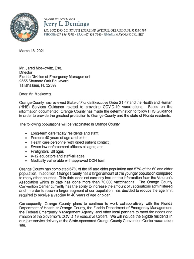 Letter From Mayor Demings To Jared Moskowitz | PDF