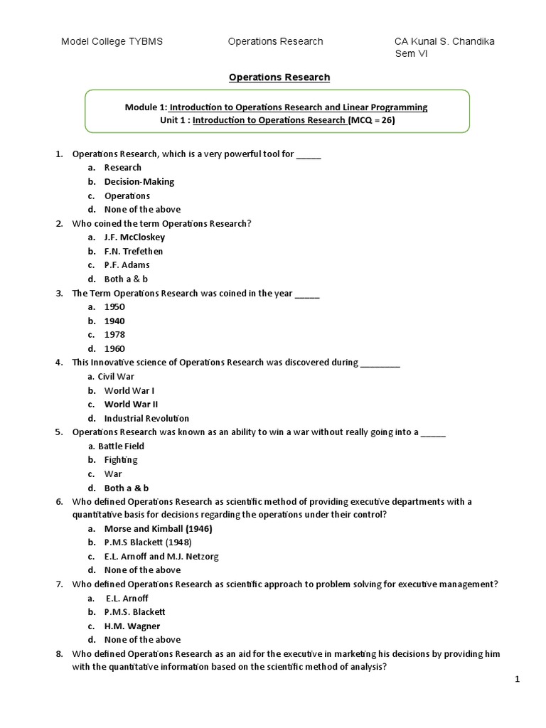 Operation Research MCQ | Download Free PDF | Mathematical Optimization | Linear Programming