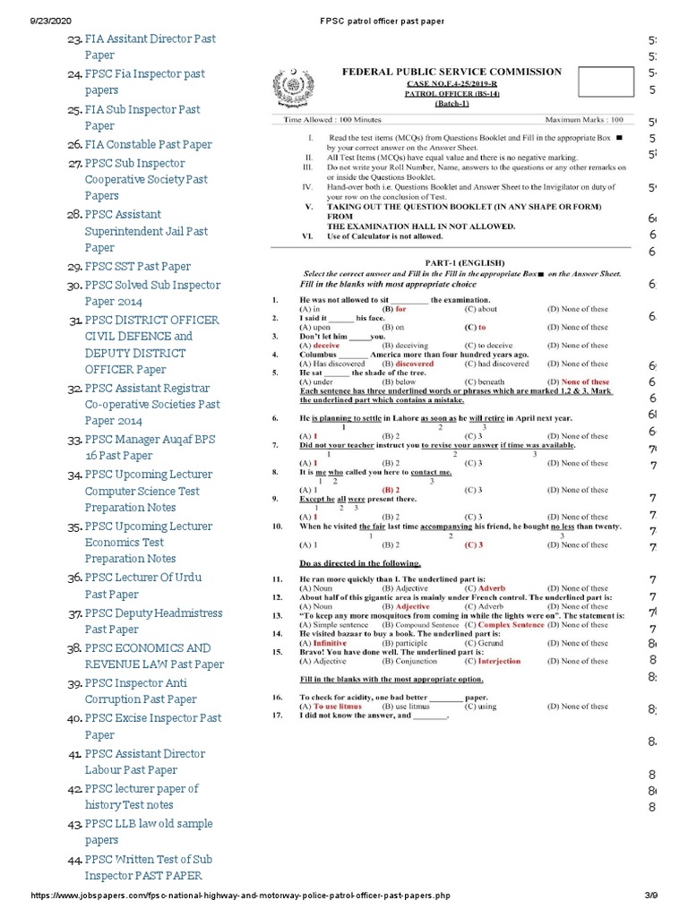 FPSC Patrol Officer Past Paper | PDF | Inspector | Teaching Mathematics