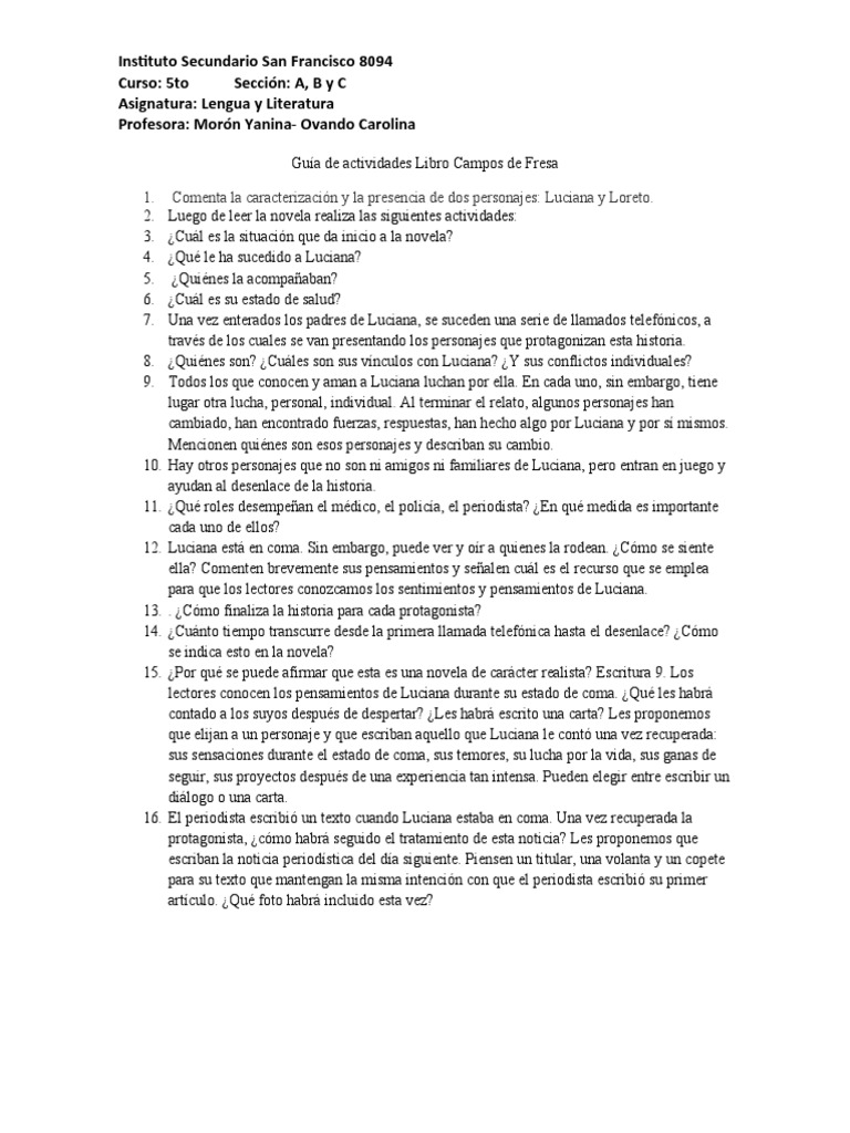 Guía de Actividades Libro Campos de Fresa | PDF | Novelas | Ajedrez