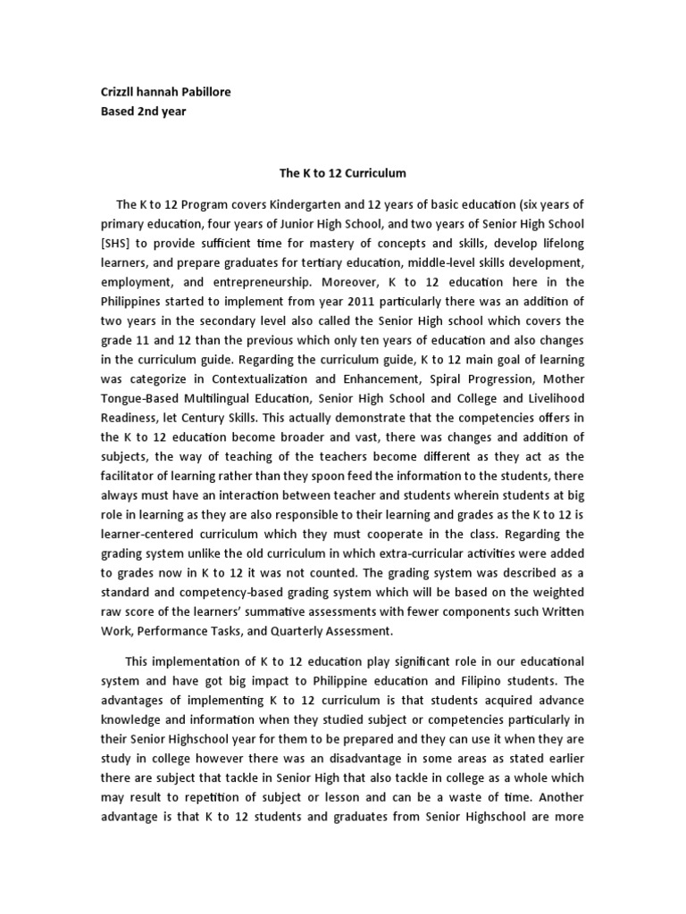 K To 12 Position Paper | PDF | Curriculum | Teachers