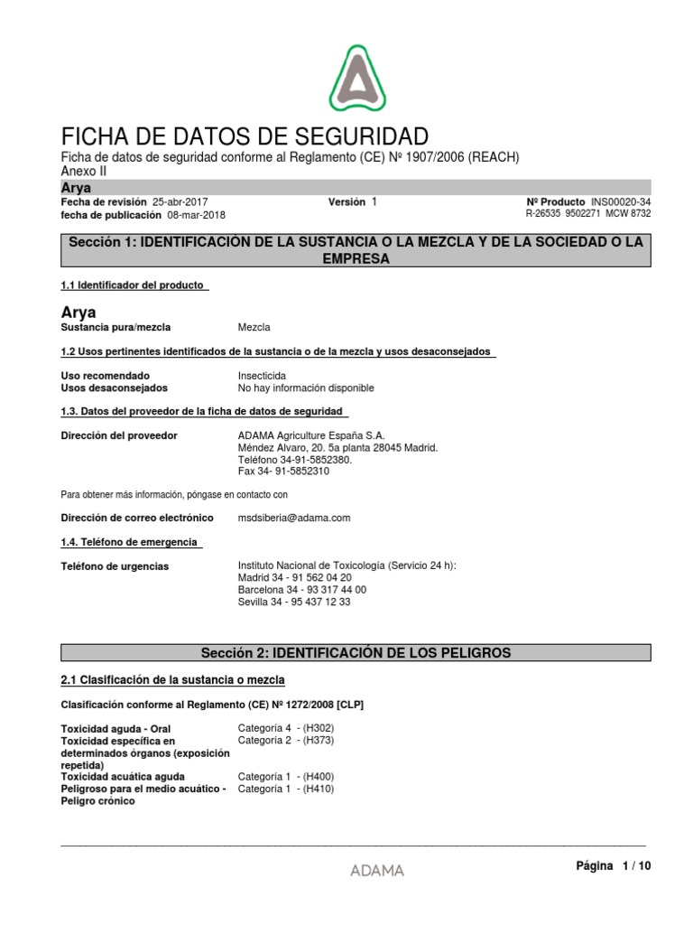 Arya FICHA DE SEGURIDAD | Descargar gratis PDF | Toxicidad | Residuos