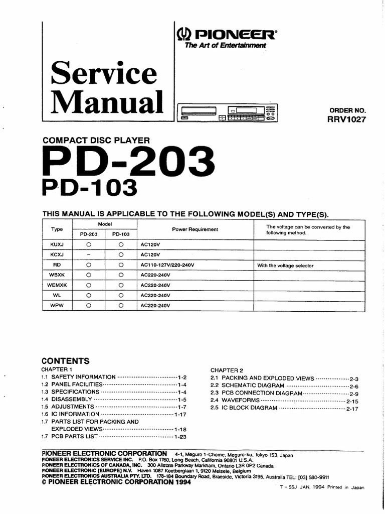 Pioneer pd-203 pd-103 rrv1027 | PDF