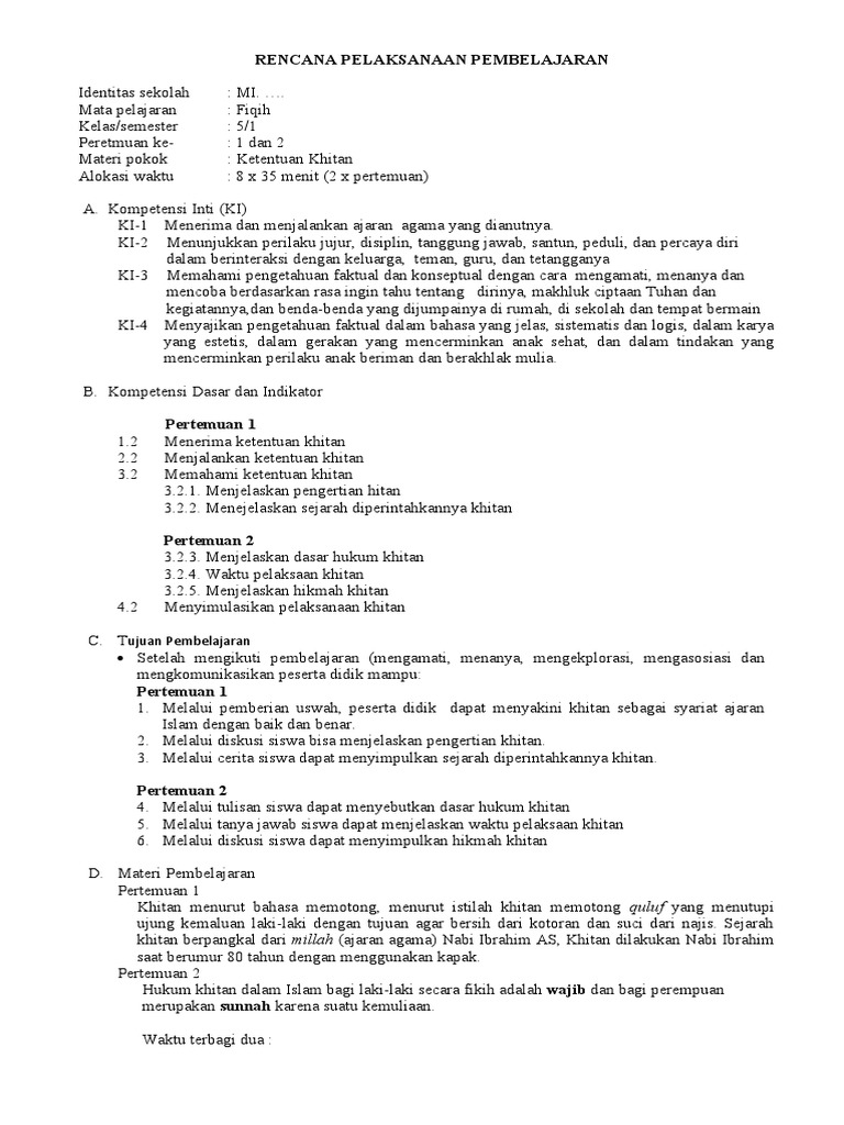 RPP K13 Fiqih Kelas 5 Semester 1 Khitan | PDF