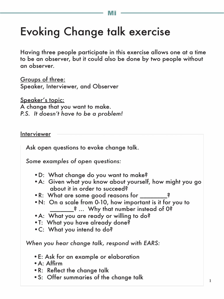 Evoking Change Talk Exercise | PDF
