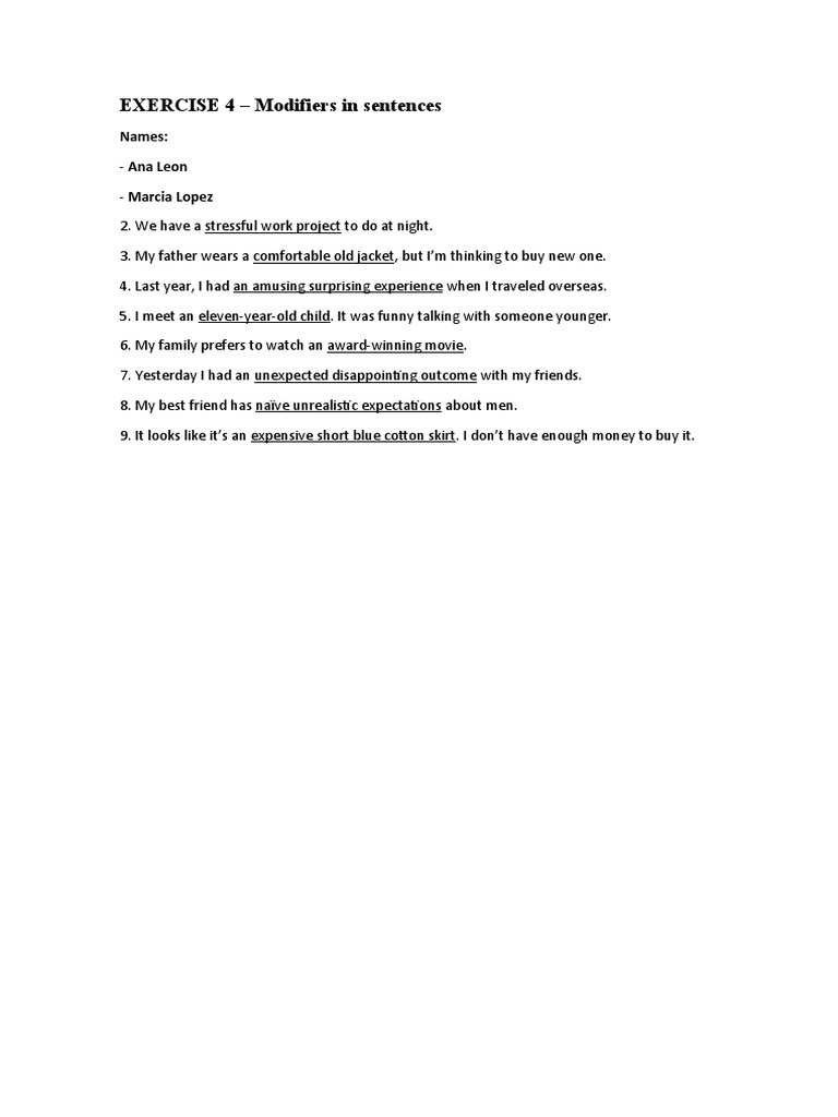 Exercise 4 - Modifiers in Sentences Guide | PDF