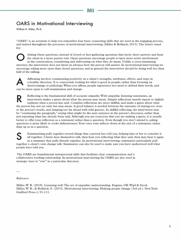 OARS in Motivational Interviewing: William R. Miller, PH.D | PDF ...