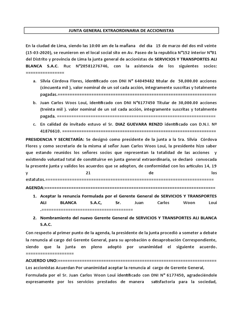 Acta de Aceptacion y Renuncia y Nombramiento Del Nuevo Gerente General | PDF | Gobierno