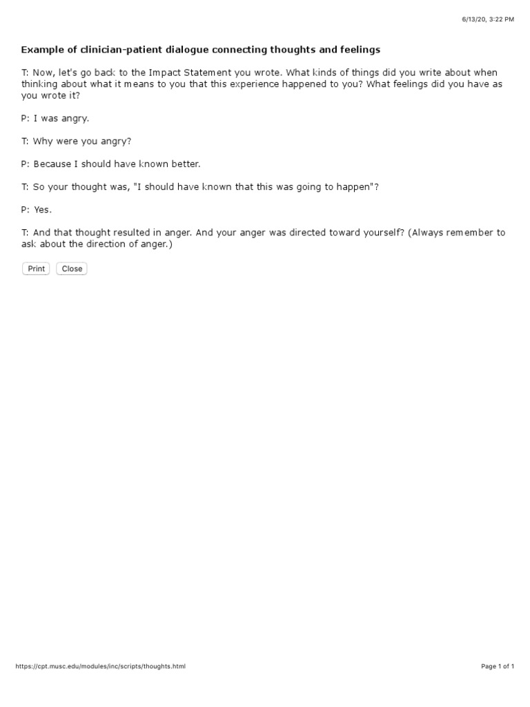 Example of Clinician-Patient Dialogue Connecting Thoughts and Feelings ...