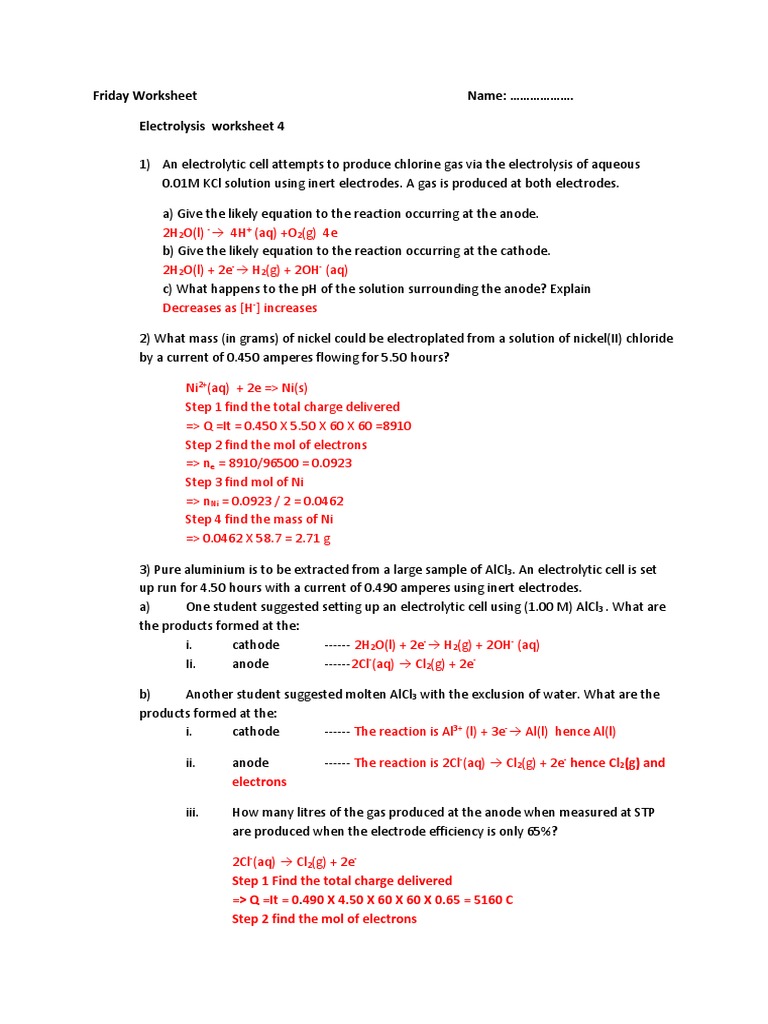 Electrolysis Worksheet | PDF | Anode | Physical Chemistry