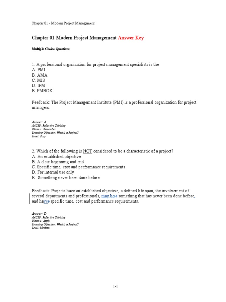 Chapter 01 Modern Project Management: Answer Key | PDF | Project ...