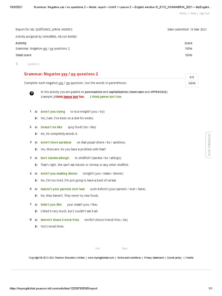 Grammar - Negative Yes - No Questions 2 - Mode - Report - Unit 6 ...