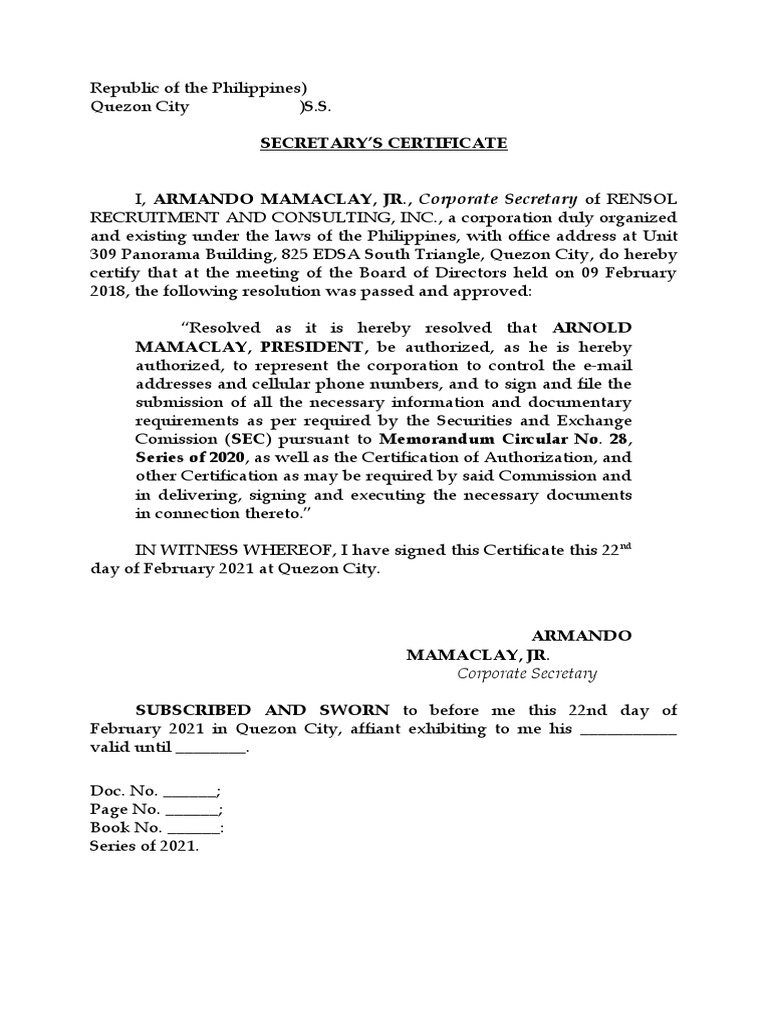 SEC Sec Cert MC 28 | PDF