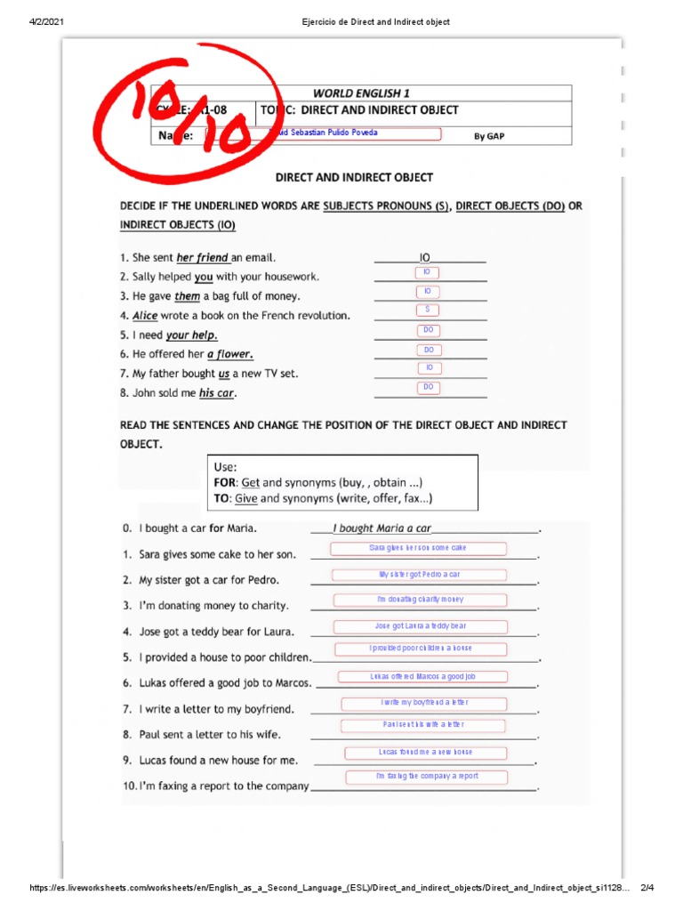 Ejercicio de Direct and Indirect Object | PDF