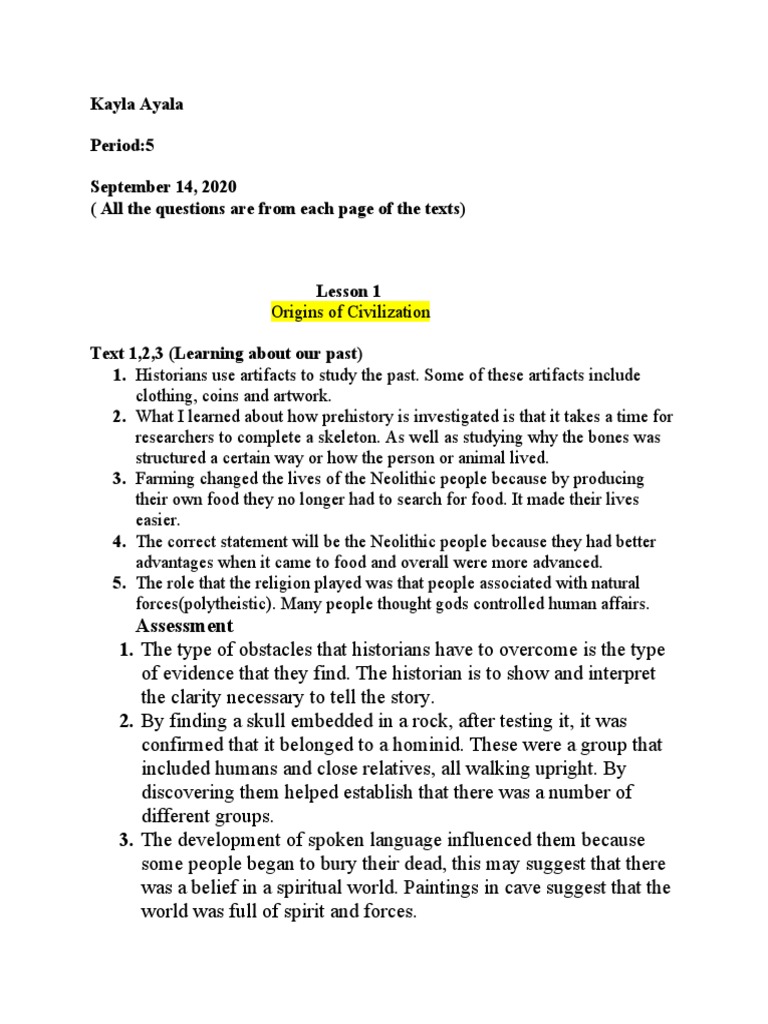 Lesson 1 Origins of Civilization text questions | PDF