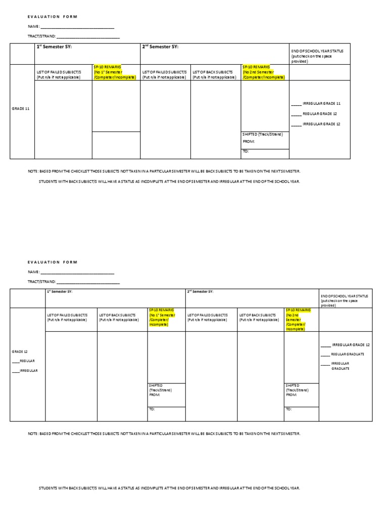 1 Semester SY: 2 Semester SY:: Evaluation Form | PDF