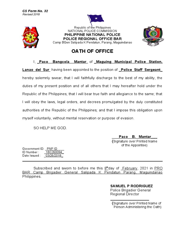 CS Form No. 32 Oath of Office BLANK | PDF | Oath Of Office | Oral Communication