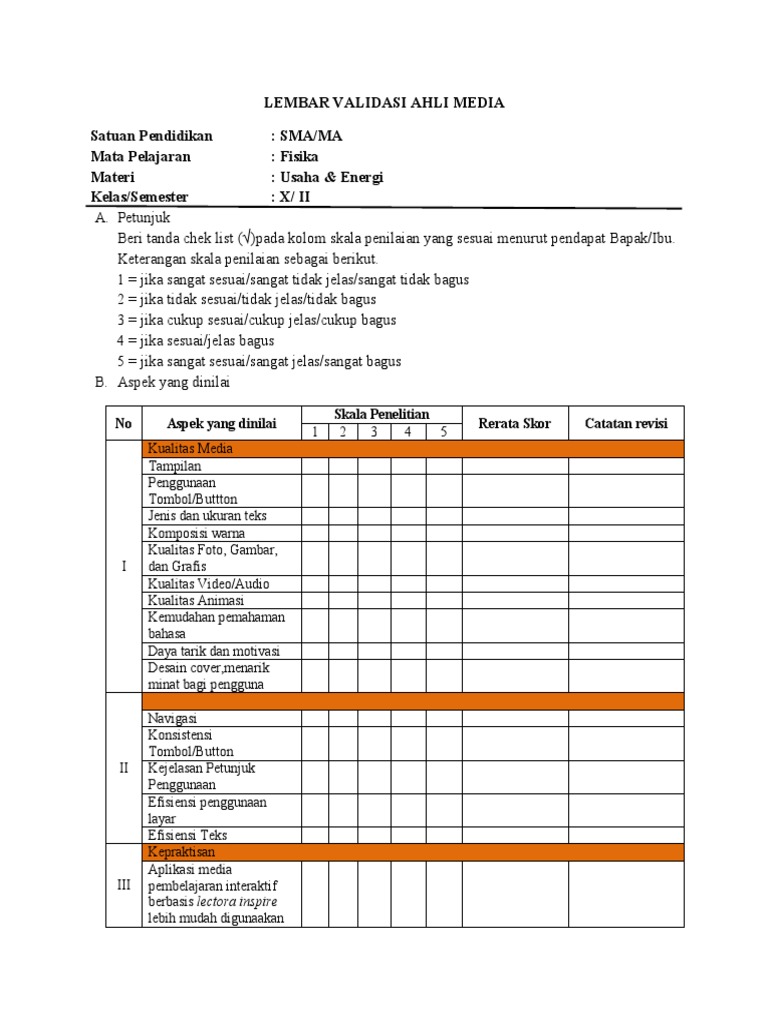 Lembar Validasi Media Pembelajaran Fisika | PDF