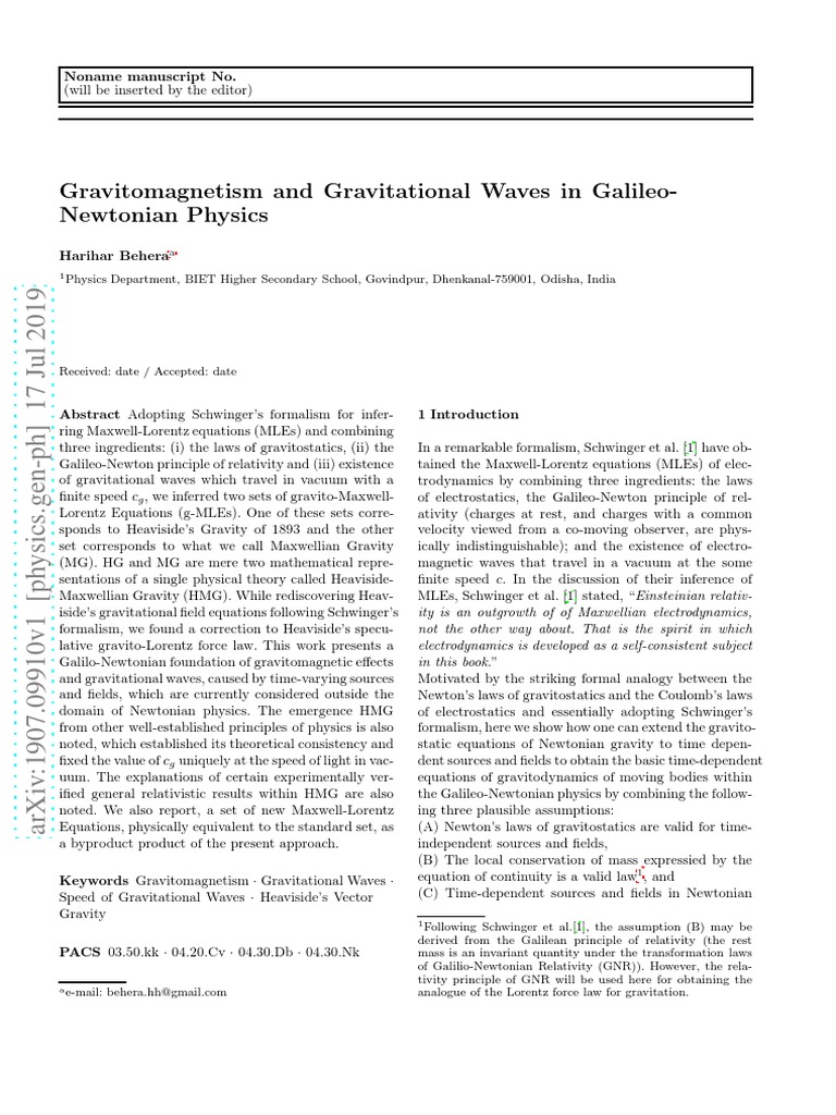 Gravitomagnetism and Gravitational Waves in GalileoNewtonian Physics | PDF | Gravity | General ...