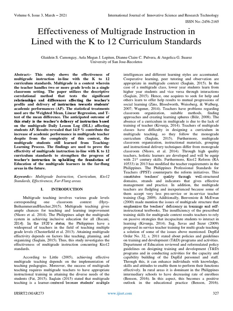 Effectiveness Of Multigrade Instruction In Lined With The K To 12