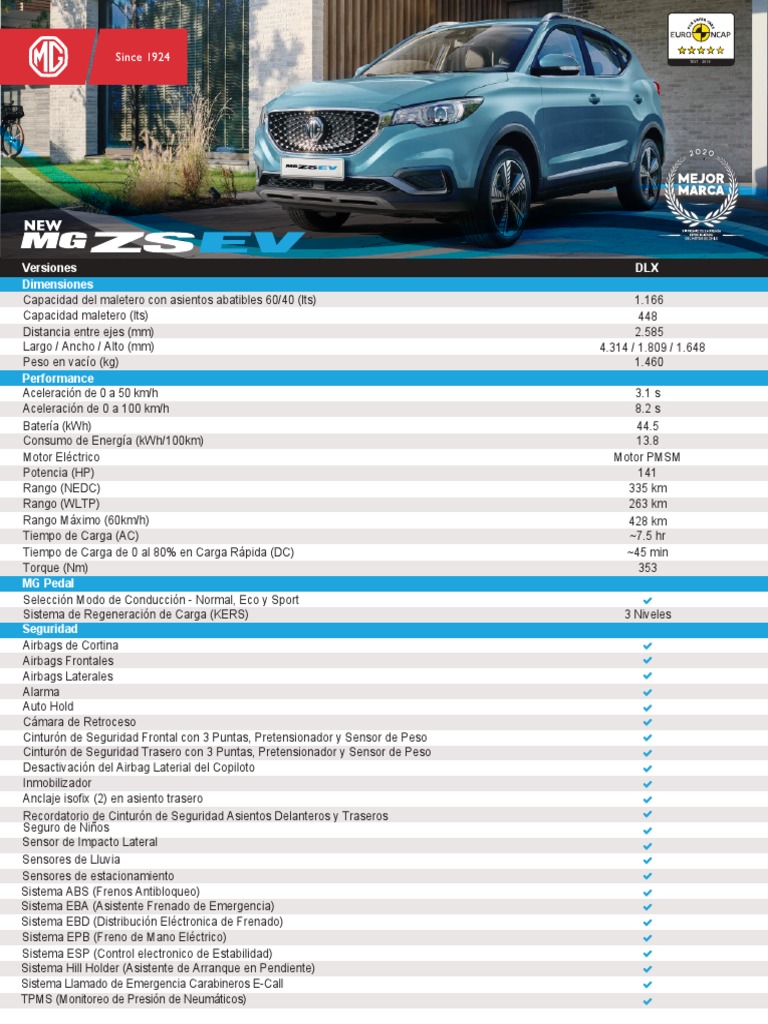 Nueva Ficha Tecnica Carta New MG ZS EV | PDF | Airbag | Sistema de freno antibloqueo
