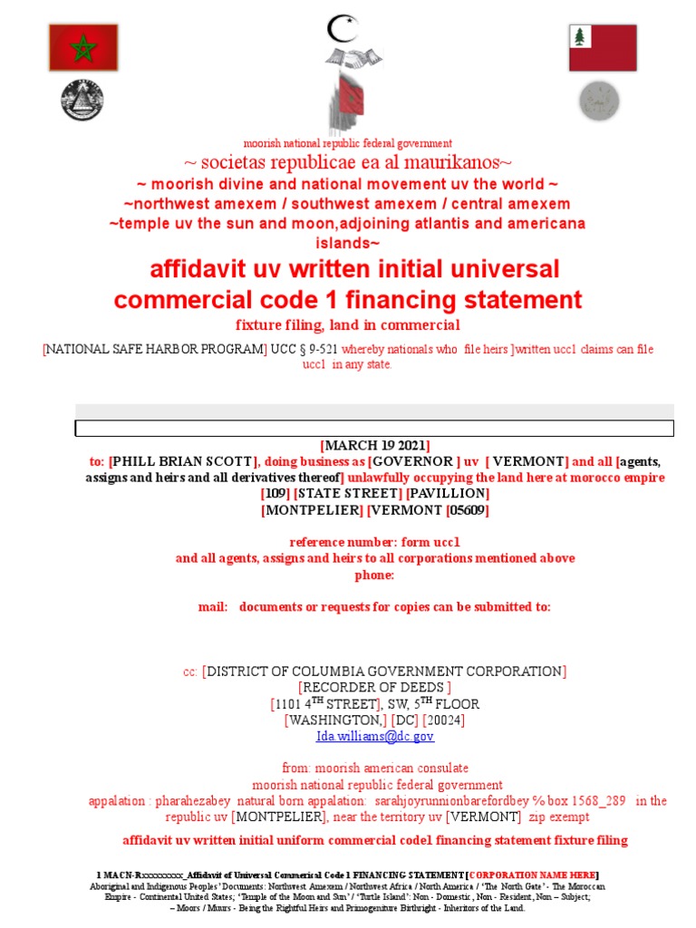 Affidavit Uv Written Initial Universal Commercial Code 1 Financing ...