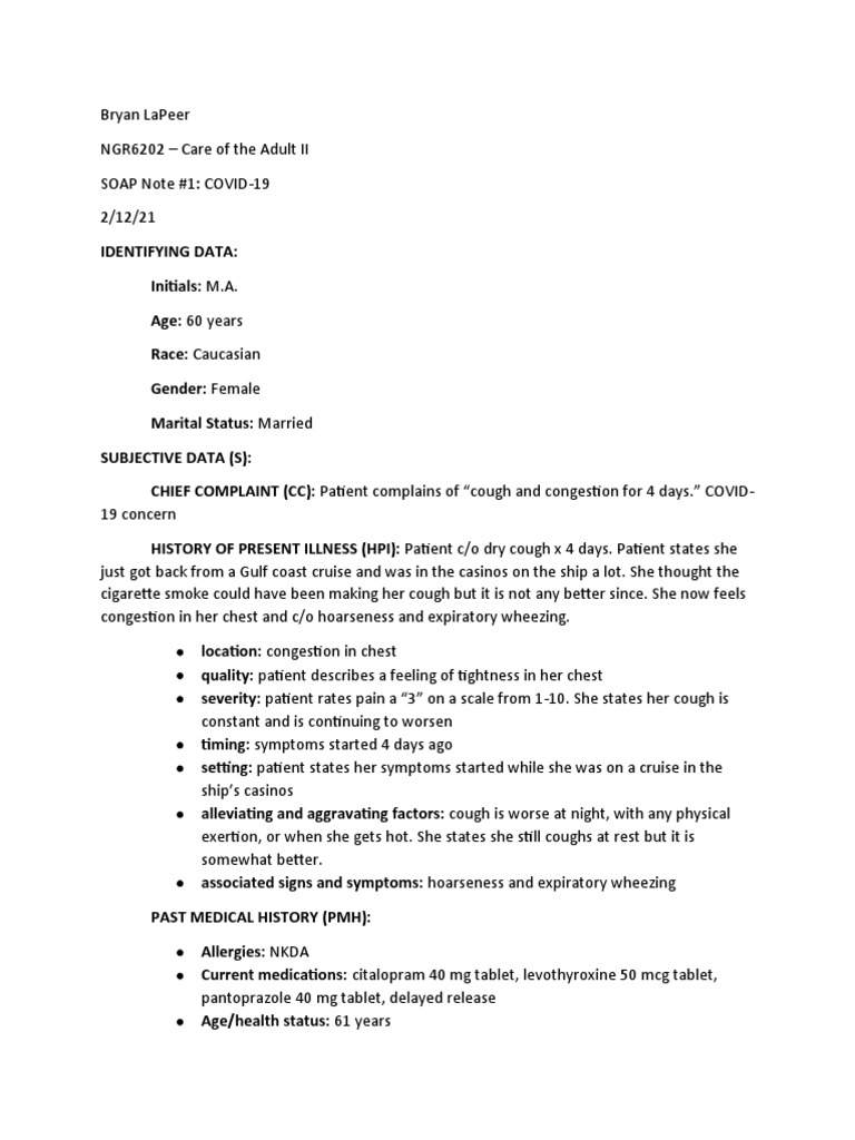 COVID SOAP Note | PDF | Pneumonia | Cough