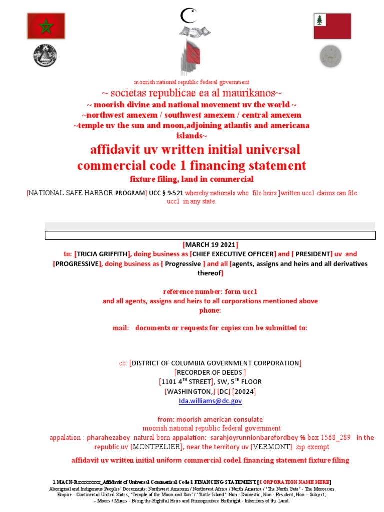 Affidavit Uv Written Initial Universal Commercial Code 1 Financing ...