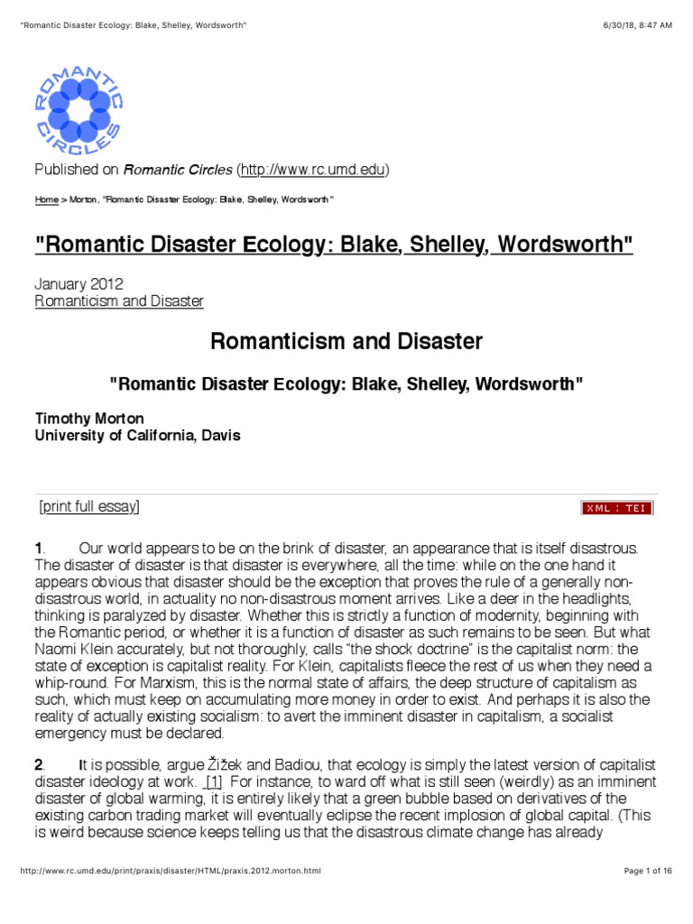 Romantic Disaster Ecology Blake Shelley | PDF | William Blake | Romanticism
