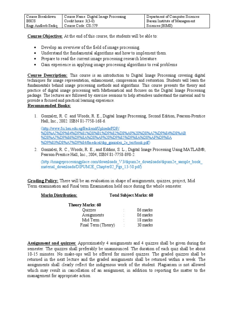 Course Objective: at The End of This Course, The Students Will Be Able To | PDF | Image ...