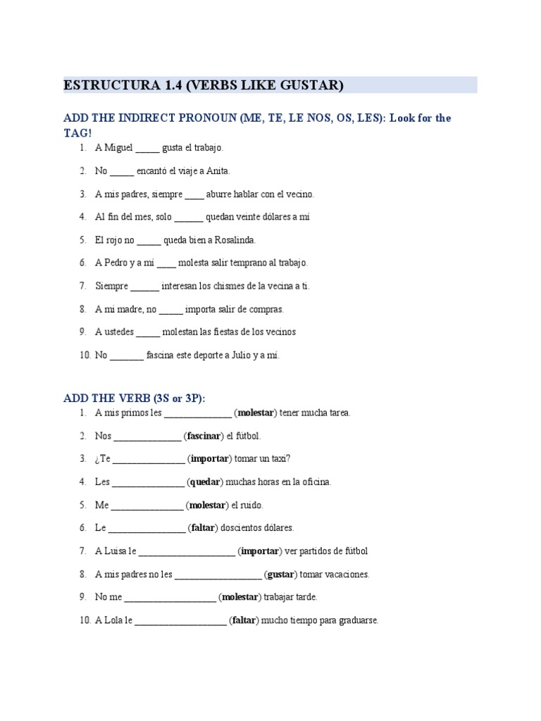 LECC 1 Estructura 1.4 Verbs Like GUSTAR BP Frag SPA2 | PDF