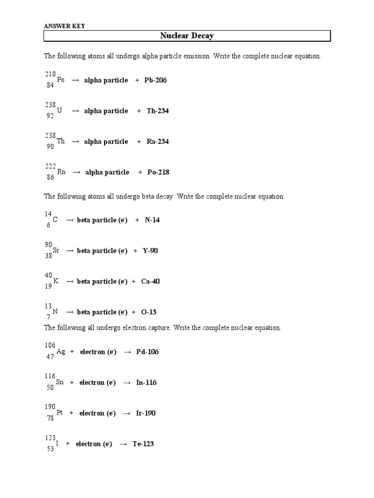 Nuclear Decay Equations Answer Key | PDF