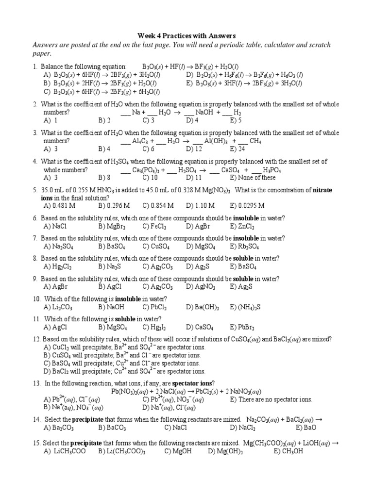 Extra Practice Week 4 | PDF | Precipitation (Chemistry) | Solubility