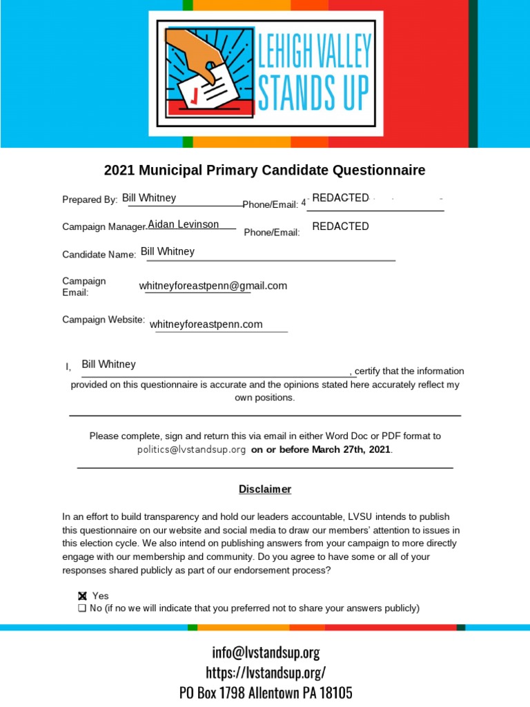 2021 East Penn Candidate Questionnaire | PDF | Campaign Finance | Voting