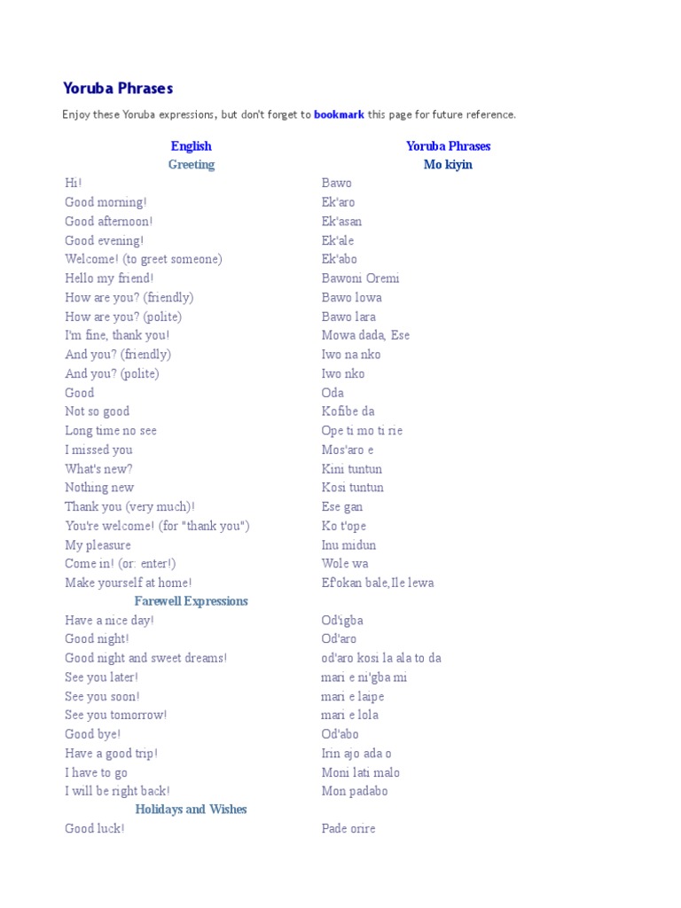 Yoruba Phrases Yoruba English/English Yoruba Modern Practical