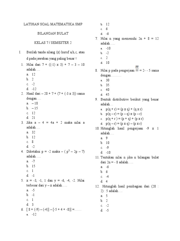 Latihan Soal Matematika Bilangan Bulat SMP | PDF
