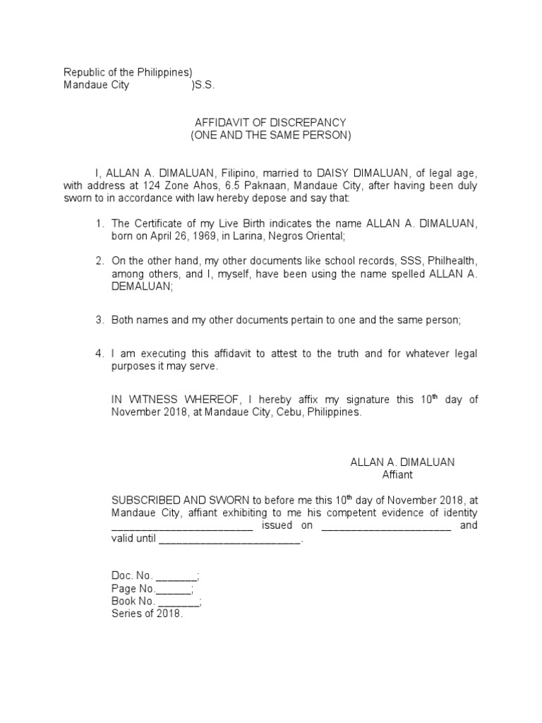 Affidavit of Discrepancy - One and The Same Person | PDF