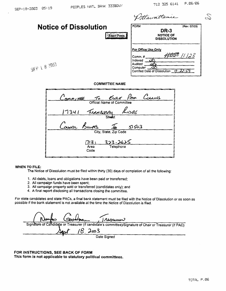 Notice of Committee Dissolution Form | PDF | Political Action Committee ...