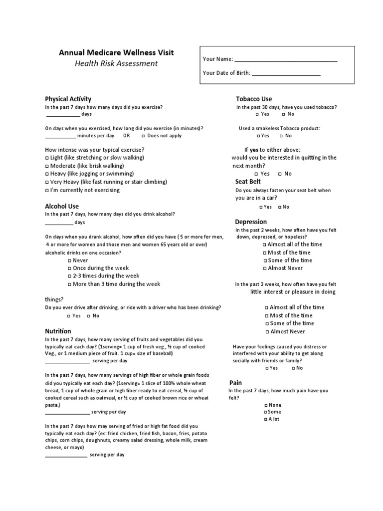 Annual Medicare Wellness Visit Health Risk Assessment: Physical ...