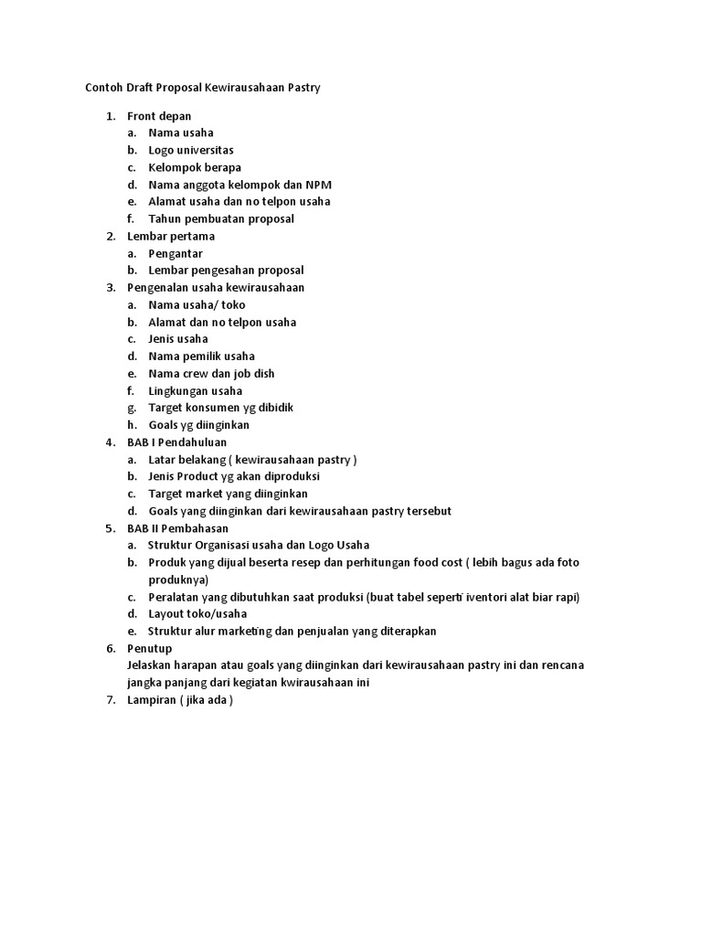 Contoh Draft Proposal Kewirausahaan Pastry | PDF